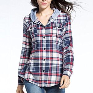 BOMDEALS Women's Classic Plaid Cotton Hoodie Button-up Check Shirts (M,Gray)