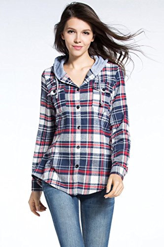 BOMDEALS Women's Classic Plaid Cotton Hoodie Button-up Check Shirts (M,Gray)