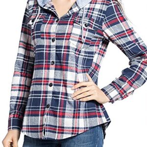 BOMDEALS Women's Classic Plaid Cotton Hoodie Button-up Check Shirts (M,Gray)