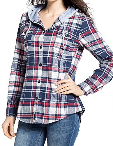 BOMDEALS Women's Classic Plaid Cotton Hoodie Button-up Check Shirts (M,Gray)