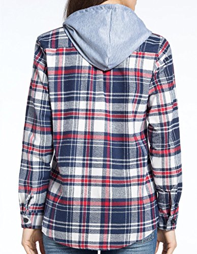 BOMDEALS Women's Classic Plaid Cotton Hoodie Button-up Check Shirts (M,Gray)