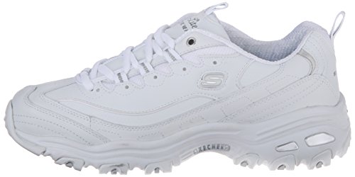 Skechers Women's D'Lites Memory Foam Lace-up Sneaker,White Silver,7 M US