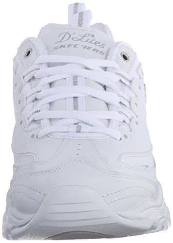 Skechers Women's D'Lites Memory Foam Lace-up Sneaker,White Silver,7 M US