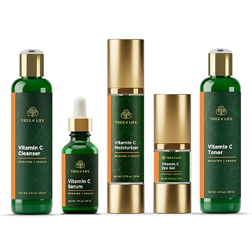 NEW LOOK | Tree of Life Vitamin C Brightening Complete 5-Pack: Serum (1 Oz), Moisturizer Cream (1.7 Oz), Eye Gel, (0.5 Oz), Toner (4 oz), Cleanser (4 oz), Renewing for Face, Clean Dermatologist-Tested Skin care