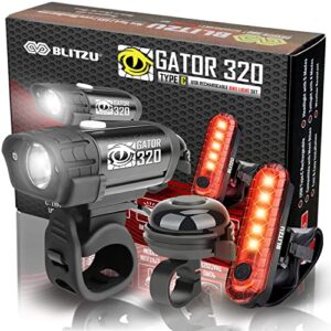 blitzu bike lights, bike reflectors front and back. led rechargeable headlight rear taillight & bell set bicycle accessories for night riding men women kids. gift for dad, mom, boys, girls