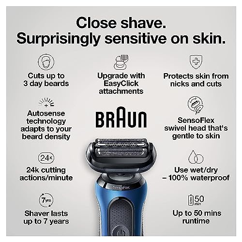 Braun Series 6 6095cc Electric Razor for Men with SmartCare Center, Beard Trimmer, Stubble Beard Trimmer, Cleansing Brush, Wet & Dry, Rechargeable, Cordless Foil Shaver, Blue