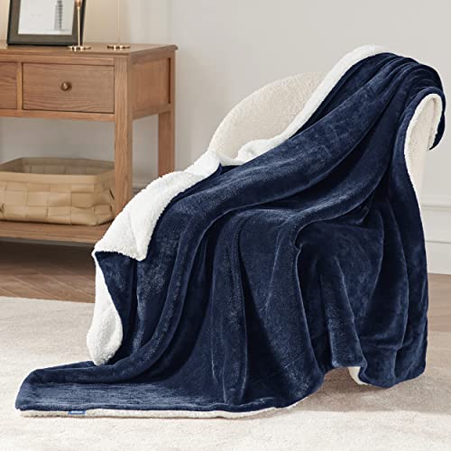 Bedsure Sherpa Fleece Throw Blanket Twin Size for Couch - Thick and Warm Blanket for Winter, Soft and Fuzzy Fall Throw Blanket for Bed, Navy, 60x80 Inches