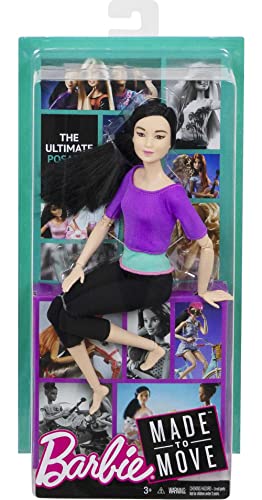 Barbie Made to Move Posable Doll in Purple Color-Blocked Top and Yoga Leggings, Flexible with Black Hair