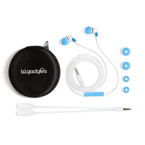 lilgadgets bestbuds kids earbuds for school - safe & comfortable, volume limited, wired in-ear kids ear buds with an in-line microphone, travel case, and splitter - blue