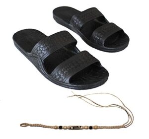 rubber double strap jesus sandals by imperial hawaii for women men and teens with 1 braded natural hemp anklet bracelet bundle - 2 items (5, black)