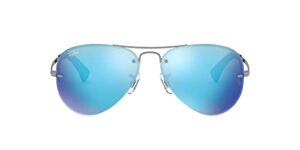 ray-ban rb3449 aviator sunglasses, gunmetal/light green mirrored blue, 59 mm