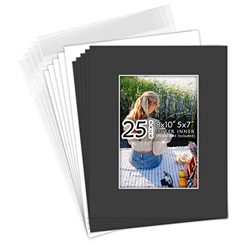 Golden State Art, Acid-Free Pre-Cut 8x10 Black Picture Mat Sets, Pack of 25, White Core Bevel Cut Mats for 5x7 Photos, 25 Backing Boards and 25 Crystal Clear Plastic Sleeves Bags