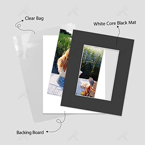 Golden State Art, Acid-Free Pre-Cut 8x10 Black Picture Mat Sets, Pack of 25, White Core Bevel Cut Mats for 5x7 Photos, 25 Backing Boards and 25 Crystal Clear Plastic Sleeves Bags