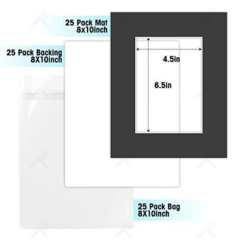 Golden State Art, Acid-Free Pre-Cut 8x10 Black Picture Mat Sets, Pack of 25, White Core Bevel Cut Mats for 5x7 Photos, 25 Backing Boards and 25 Crystal Clear Plastic Sleeves Bags