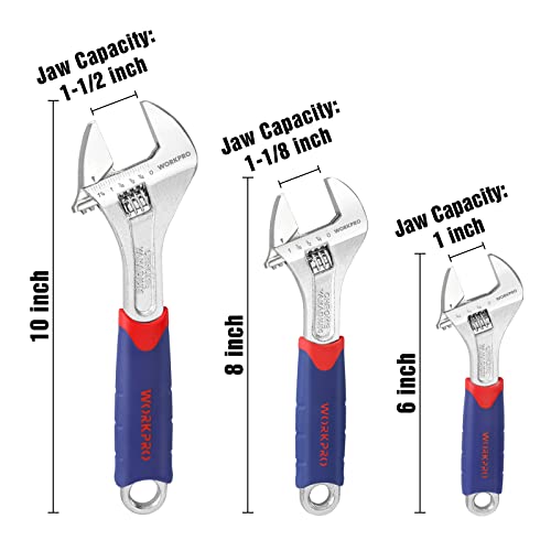 WORKPRO 3-piece Adjustable Wrench Set CR-V with Rubberized Anti-Slip Grips 6-inch, 8-inch, 10-inch