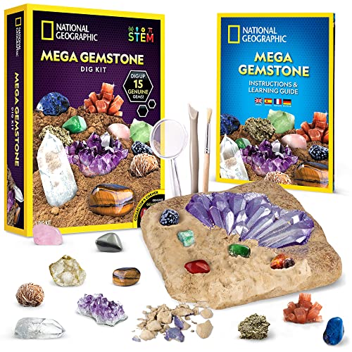 NATIONAL GEOGRAPHIC Mega Gemstone Dig Kit – Dig Up 15 Real Gemstones and Crystals, Science Kit for Kids, Gem Digging Kit, Gift for Girls and Boys, Mining Kit, Rock Collection (Amazon Exclusive)