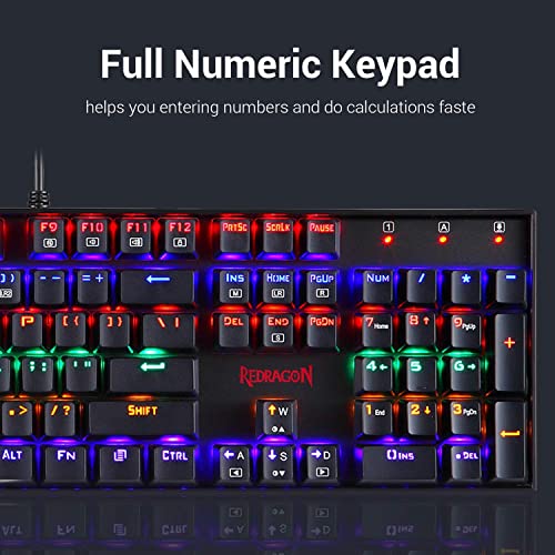 Redragon K551 Mechanical Gaming Keyboard RGB LED Rainbow Backlit Wired Keyboard with Red Switches for Windows Gaming PC (104 Keys, Black)