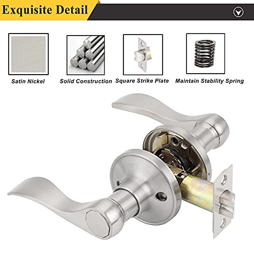 Probrico Wave Passage Door Lever Satin Nickel Keyless Handle for Hall and Closet, Interior Non-Locking Leverset