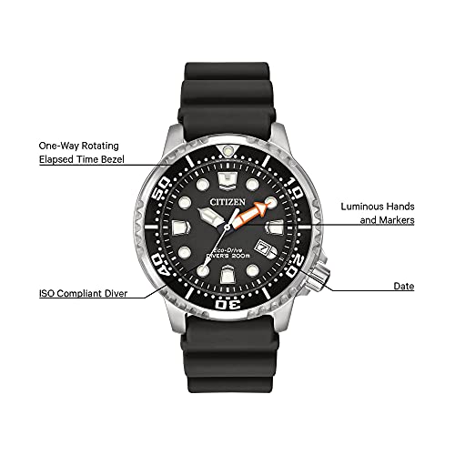 Citizen Promaster Dive Eco-Drive Watch, 3-Hand Date, ISO Certified, Luminous Hands and Markers, Rotating Bezel, Black/Stainless (Model: BN0150-28E)