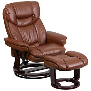 flash furniture allie contemporary multi-position recliner and curved ottoman with swivel mahogany wood base in brown vintage leathersoft