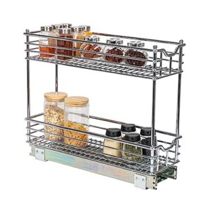 household essentials narrow sliding cabinet organizer, two tier chrome organizer, chrome, great for slim cabinets in kitchen, bathroom and more