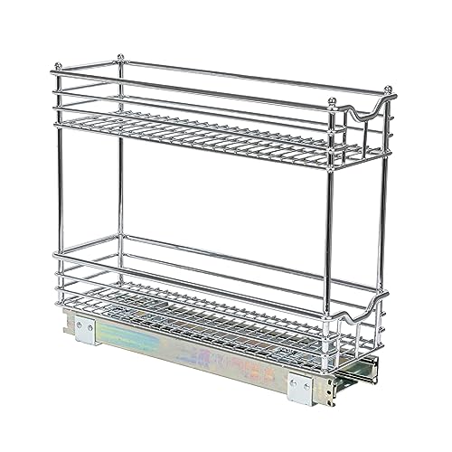 Household Essentials Narrow Sliding Cabinet Organizer, Two Tier Chrome Organizer, Chrome, Great for Slim Cabinets in Kitchen, Bathroom and More