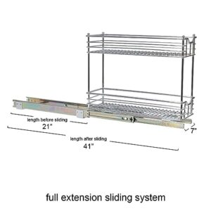 Household Essentials Narrow Sliding Cabinet Organizer, Two Tier Chrome Organizer, Chrome, Great for Slim Cabinets in Kitchen, Bathroom and More