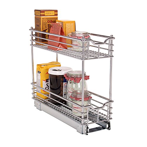 Household Essentials Narrow Sliding Cabinet Organizer, Two Tier Chrome Organizer, Chrome, Great for Slim Cabinets in Kitchen, Bathroom and More