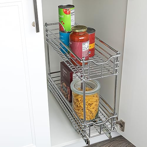 Household Essentials Narrow Sliding Cabinet Organizer, Two Tier Chrome Organizer, Chrome, Great for Slim Cabinets in Kitchen, Bathroom and More