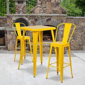 flash furniture commercial grade 23.75" square yellow metal indoor-outdoor bar table set with 2 stools with backs