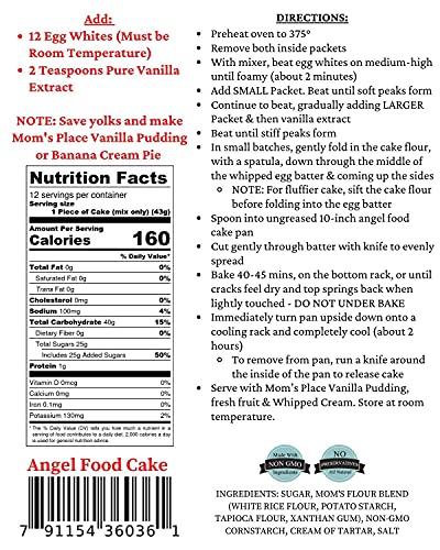 Mom's Gluten Free Angel Food Cake Mix,1-Pack, Easy to Make, 12 Servings, Non GMO Delicious and Healthy Gluten Free Desserts