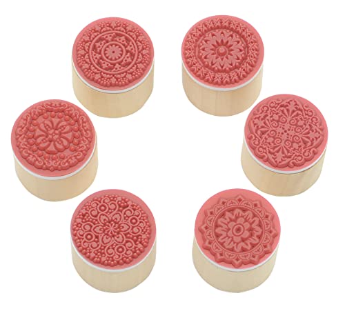 6 Pcs Flower Pattern Round Wooden Rubber Stamp for Scrapbooking and Wedding Invitation Cards (Flower Design)