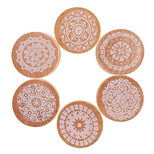 6 Pcs Flower Pattern Round Wooden Rubber Stamp for Scrapbooking and Wedding Invitation Cards (Flower Design)