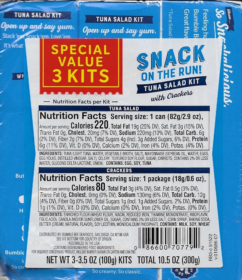 BUMBLE BEE Snack on the Run! Tuna Salad with Crackers Kit, High Protein Snack Food, Tuna Salad Multi-Pack, Healthy Snacks for Adults, 3.5 Ounce Kit (Pack of 3)