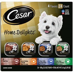 cesar home delights adult wet dog food pot roast & vegetable, beef stew, turkey potato & green bean, and hearth chicken & noodle variety pack, 3.5 oz. easy peel trays, pack of 24