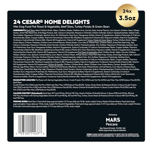 CESAR HOME DELIGHTS Adult Wet Dog Food Pot Roast & Vegetable, Beef Stew, Turkey Potato & Green Bean, and Hearth Chicken & Noodle Variety Pack, 3.5 oz. Easy Peel Trays, Pack of 24