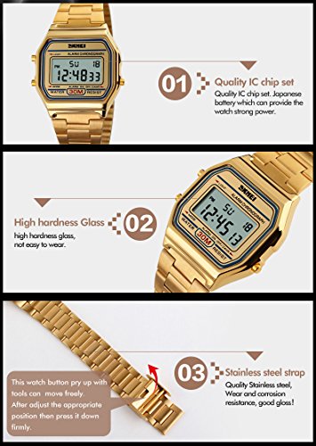 VIGOROSO Men Lady Vintage Retro Gold Stainless Steel Digital Casual Watch Alarm Stopwatch(Gold)