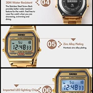 VIGOROSO Men Lady Vintage Retro Gold Stainless Steel Digital Casual Watch Alarm Stopwatch(Gold)