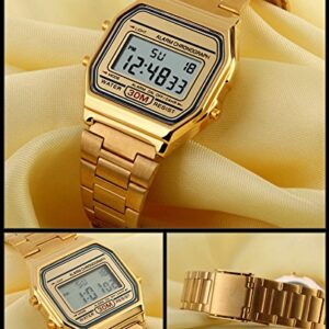 VIGOROSO Men Lady Vintage Retro Gold Stainless Steel Digital Casual Watch Alarm Stopwatch(Gold)