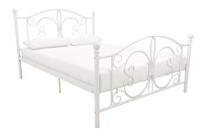 dhp bombay metal platform bed with parisian style headboard and footboard, adjustable base height for underbed storage, no box spring needed, full, white