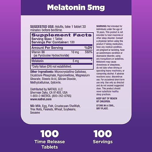 Natrol Time-Release Melatonin 5 mg, Dietary Supplement for Restful Sleep, 100 Tablets, 100 Day Supply