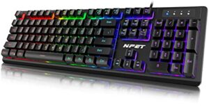 npet k10 wired gaming keyboard, led backlit, spill-resistant design, multimedia keys, quiet silent usb membrane keyboard for desktop, computer, pc (black)