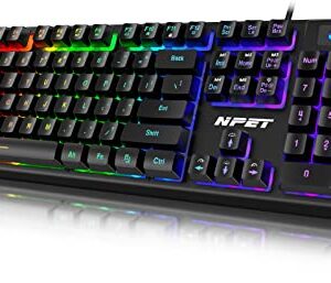 NPET K10 Wired Gaming Keyboard, LED Backlit, Spill-Resistant Design, Multimedia Keys, Quiet Silent USB Membrane Keyboard for Desktop, Computer, PC (Black)