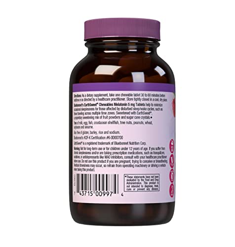 Bluebonnet Nutrition EarthSweet Melatonin 5 mg Fast-Acting Quick Dissolve Nighttime Relaxation & Restful Sleep Support - Sleep Aid - Gluten-Free, Vegan - Raspberry Flavor - 120 Chewable Tablets