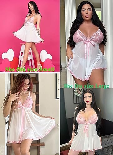 Avidlove Women Lingerie Lace Babydoll V Neck Sleepwear Strap Chemise Strap Chemise Babydoll Lingerie Set White M