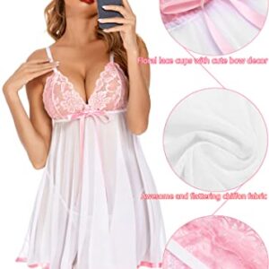 Avidlove Women Lingerie Lace Babydoll V Neck Sleepwear Strap Chemise Strap Chemise Babydoll Lingerie Set White M