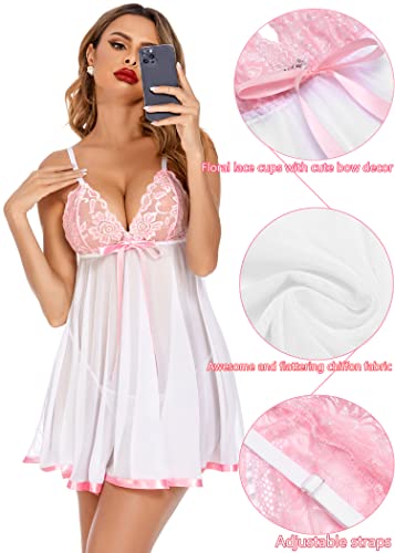 Avidlove Women Lingerie Lace Babydoll V Neck Sleepwear Strap Chemise Strap Chemise Babydoll Lingerie Set White M