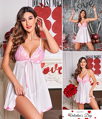 Avidlove Women Lingerie Lace Babydoll V Neck Sleepwear Strap Chemise Strap Chemise Babydoll Lingerie Set White M