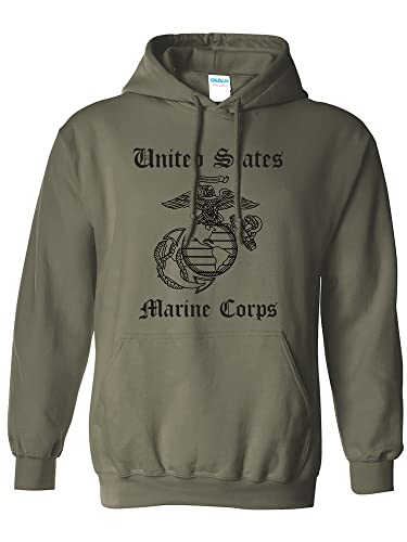 zerogravitee United States Marine Corps Adult Hooded Sweatshirt-Military Green (black text) - Large