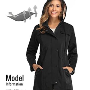 SaphiRose Women's Long Hooded Rain Jacket Outdoor Raincoat Windbreaker(Black,Medium)